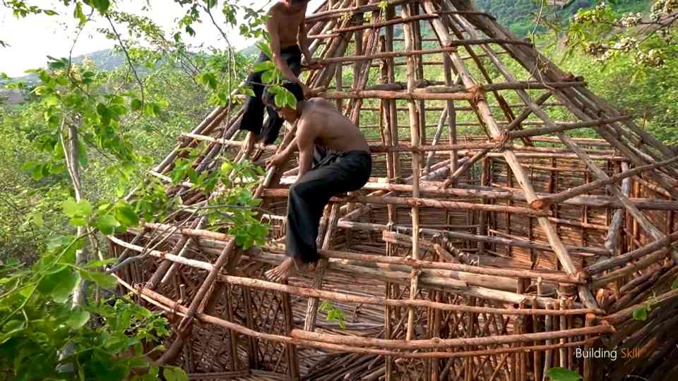 Shirtless Builders Crafting a Forest Hut - Watch Them Build!
