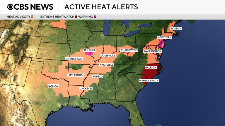 Map shows U.S. heat advisories as heat dome moves east