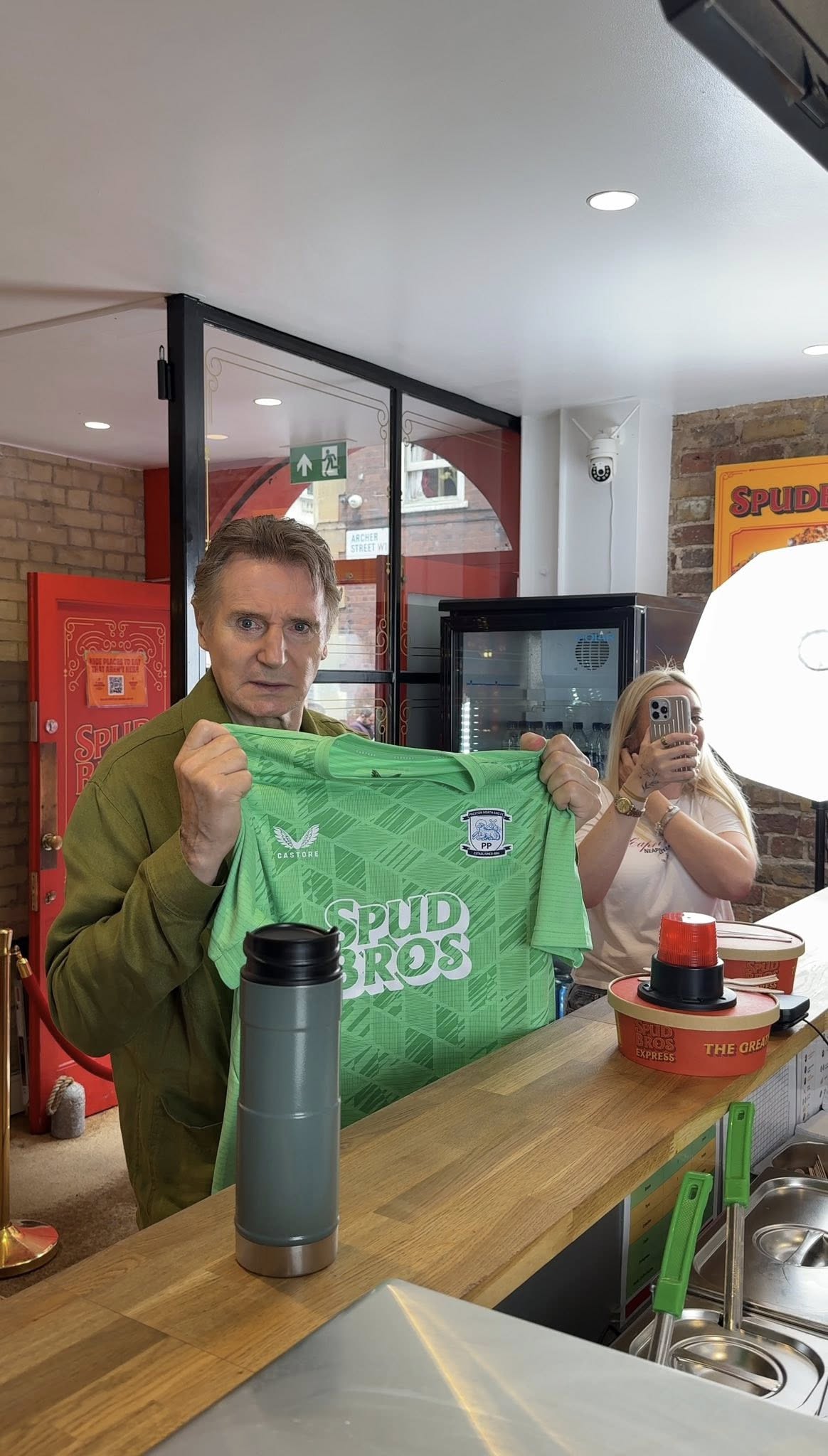 Liam Neeson pays Spud Bros a visit and leaves a PNE fan