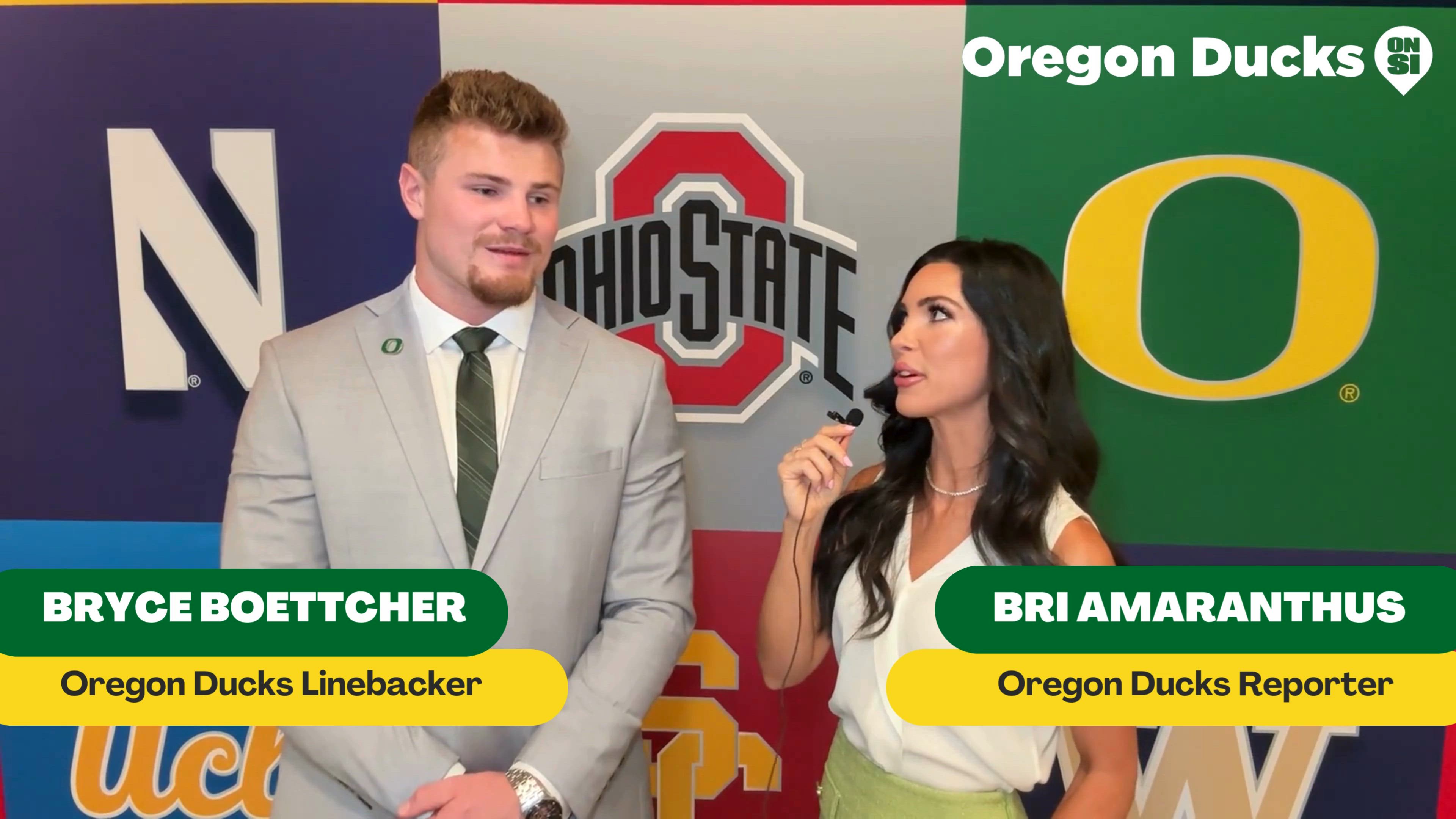 Oregon Ducks linebacker Bryce Boettcher on quarterback Dante Moore