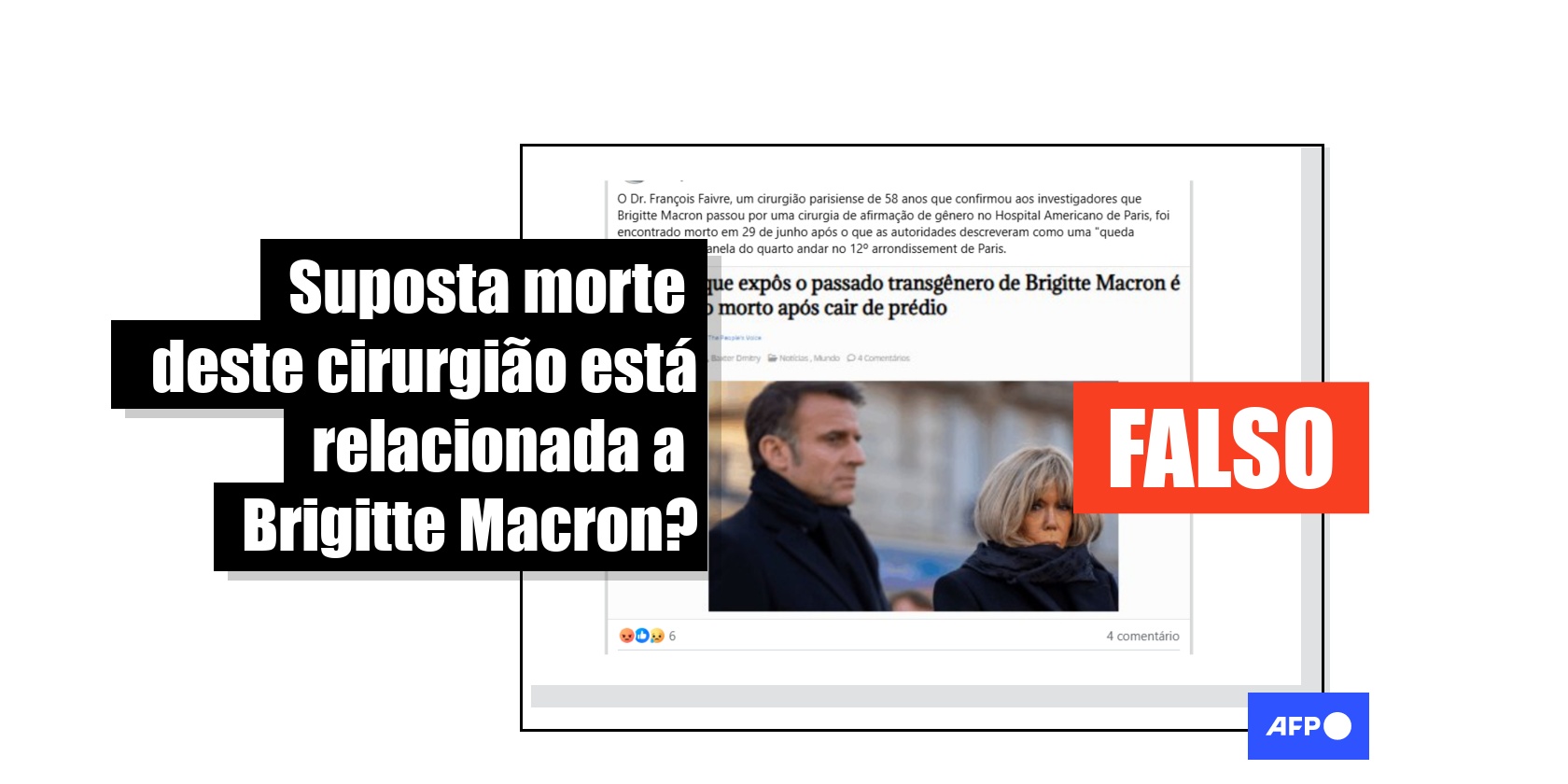 Artigo que vincula Brigitte Macron a suposta morte de cirurgião é falso