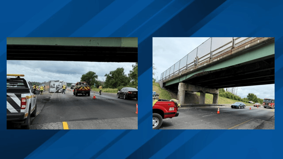 Tractor-trailer crash on NYS Thruway damages overpass