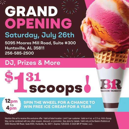 New Huntsville Baskin-Robbins offering chance to win free ice cream for ...