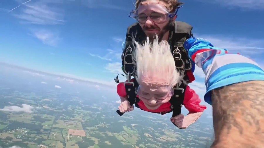85-year-old fulfills skydiving dream, honors late husband