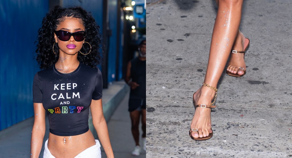 Tyla Blends Minimalism and Streetwear With Luxe Amina Muaddi Heels