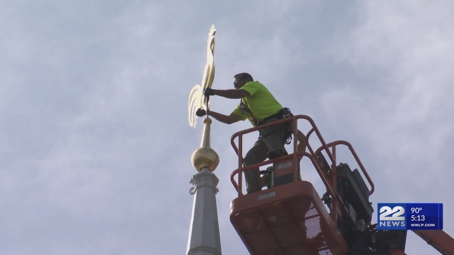 Longmeadow’s iconic rooster back on top of church steeple