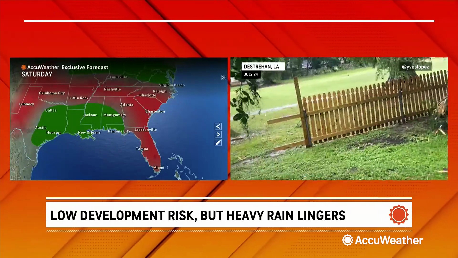 Tropical downpours continue across the Gulf Coast as sweltering heat grips the Southeast