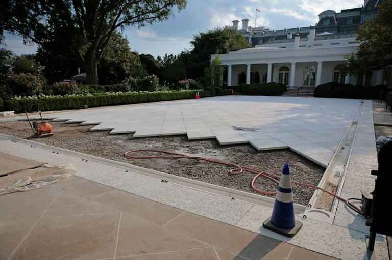 Trump and Melania slammed for ‘tacky’ White House rose garden redesign as new images reveal concrete