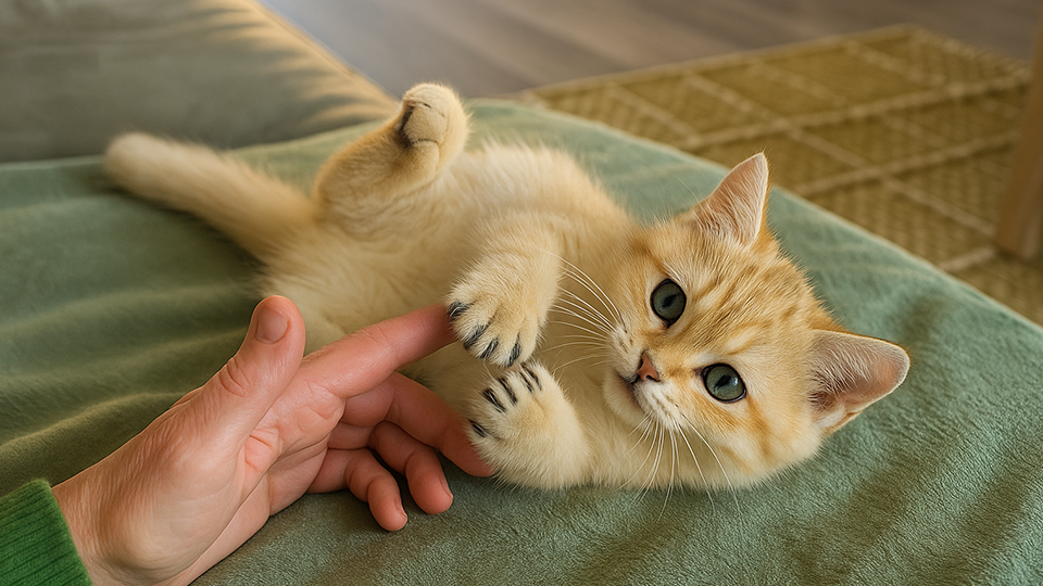 Playful Kitten Holding Finger on Couch | Cute Kitten Close-Up