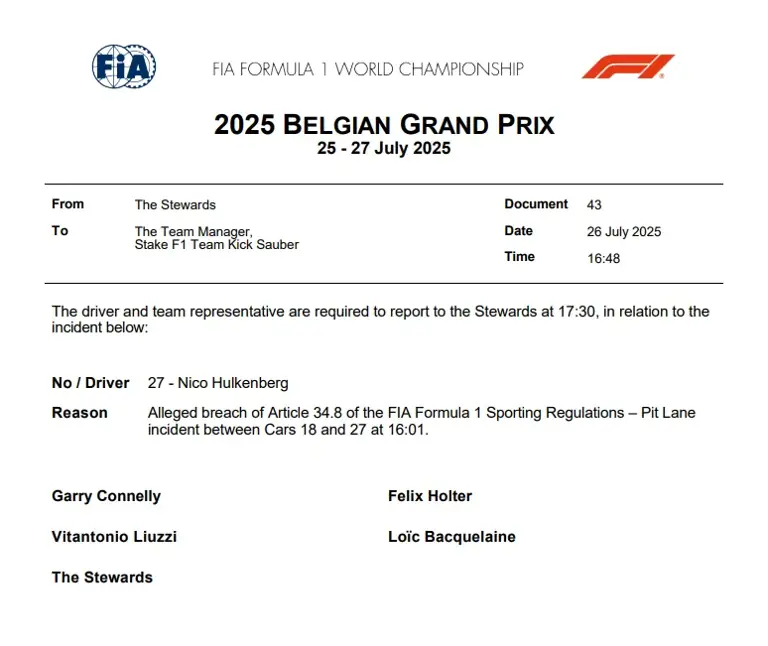 Two drivers must report to the FIA stewards after qualifying in Belgium