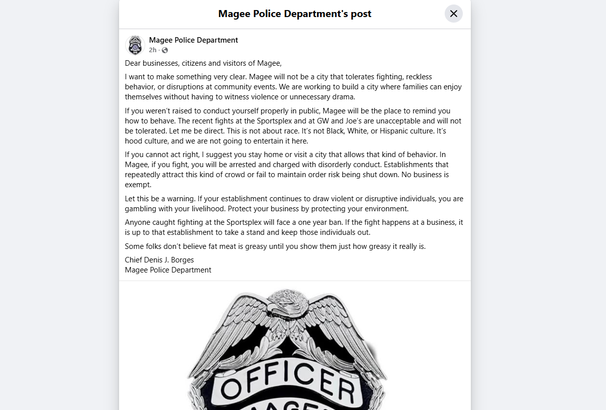 Chief of Magee police issues strong warning after community incidents