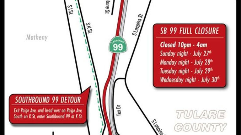 Caltrans announces southbound closure of Highway 99 in Tulare County