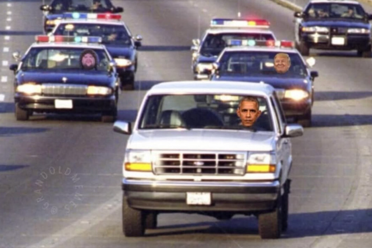 Trump posts meme of himself and JD Vance chasing Obama in OJ’s white Bronco