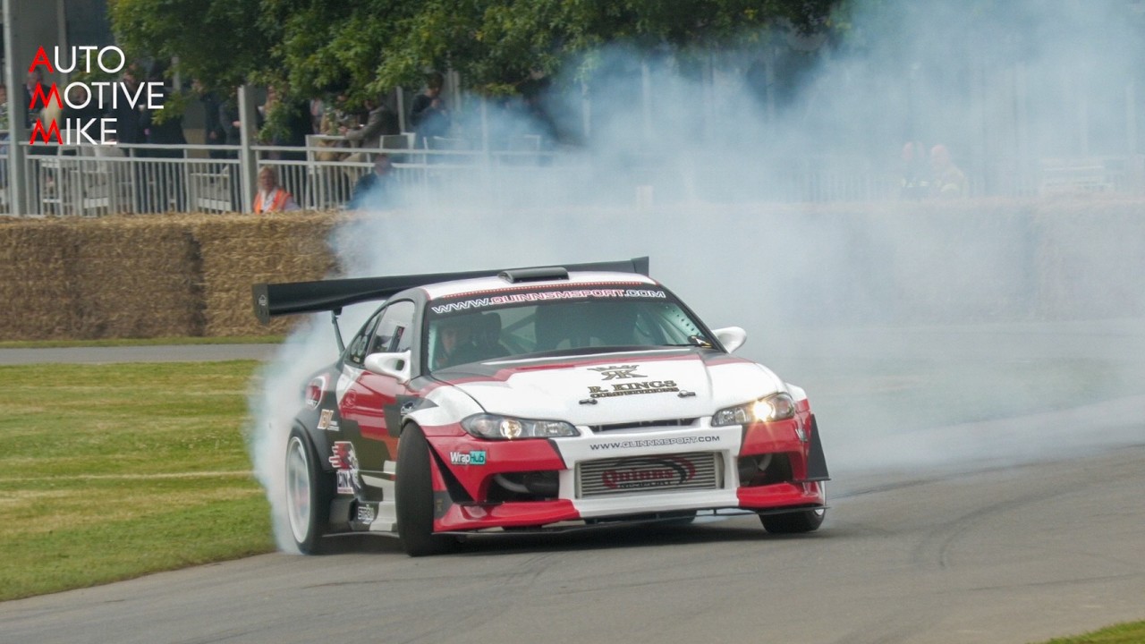 900 HP 2JZ Nissan Silvia S15 drift show with burnouts rev limiter hits and turbo sound