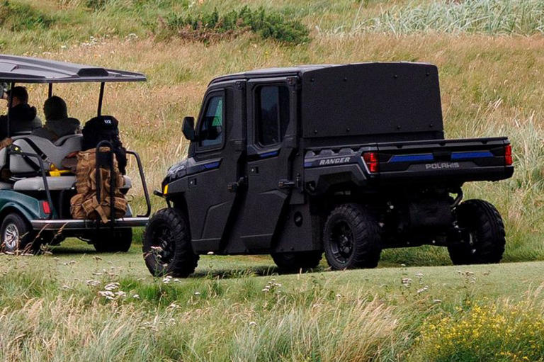 Trump takes no chances in armored golf buggy as protesters storm ...