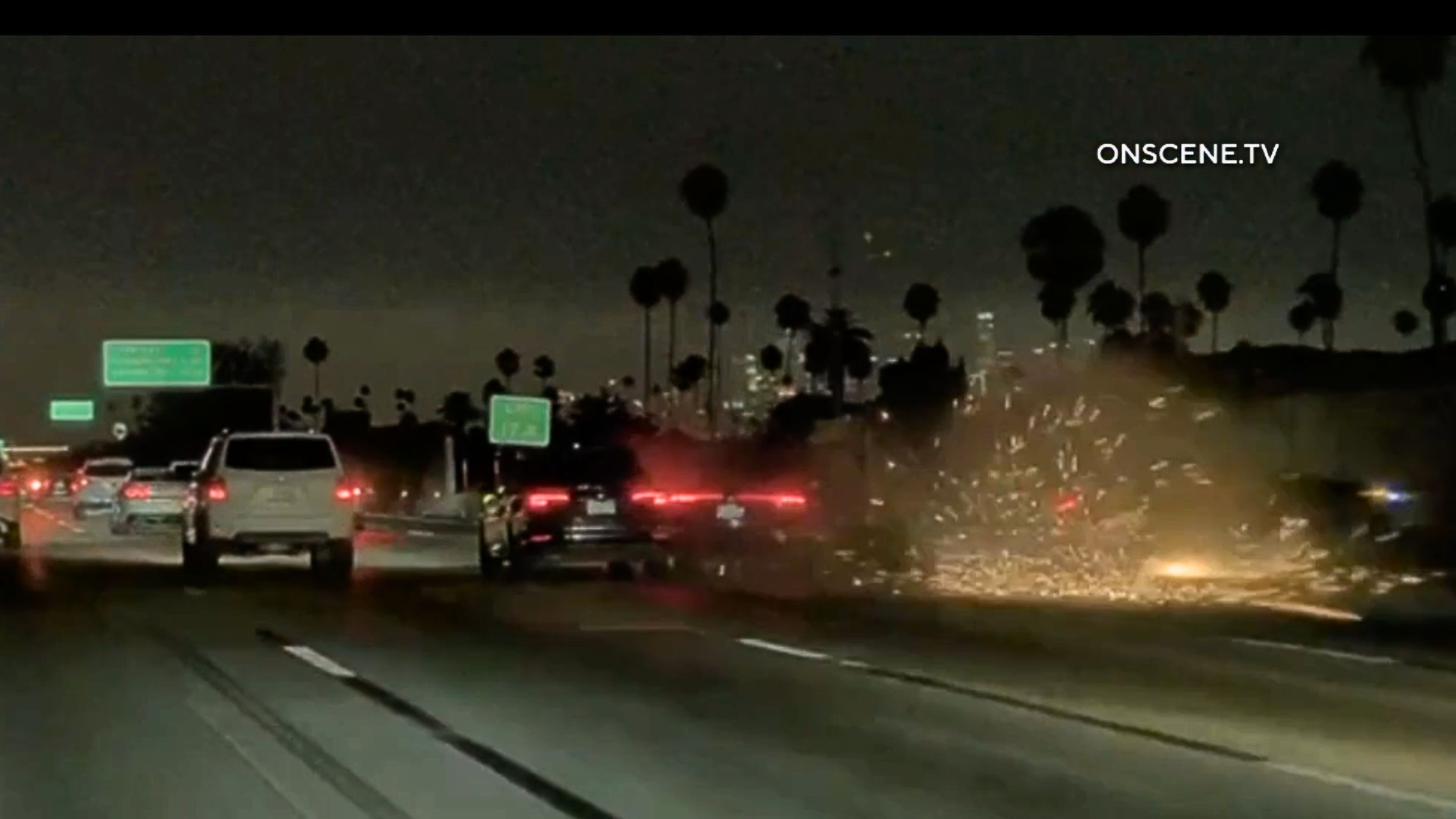 Fiery street racing crash on 110 Freeway caught on video
