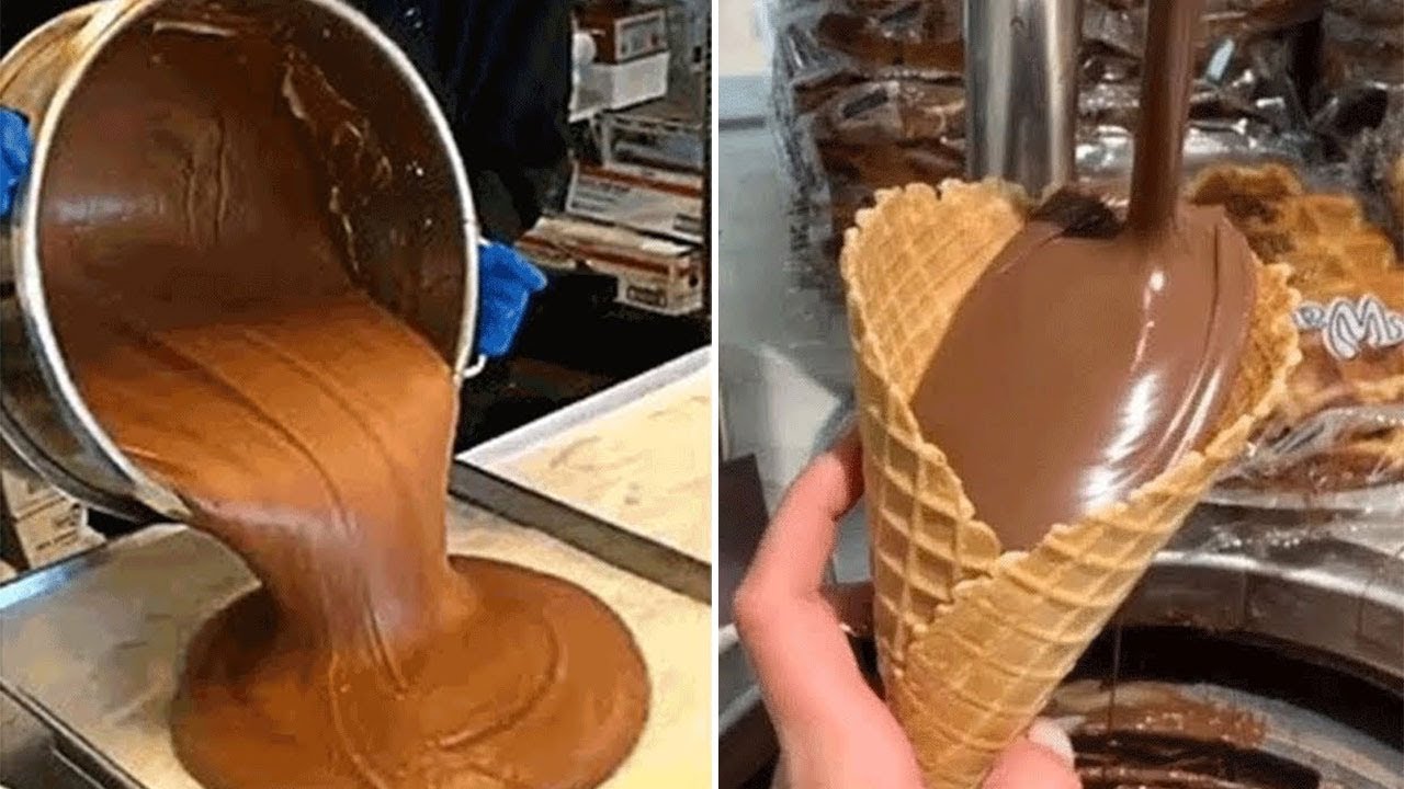 Chocolate Pouring & Cone Filling Process | Satisfying Cake Compilation