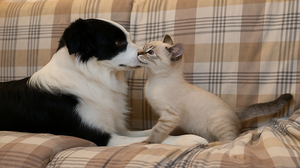 Dog and Kitten Share a Gentle Nose Touch on the Couch