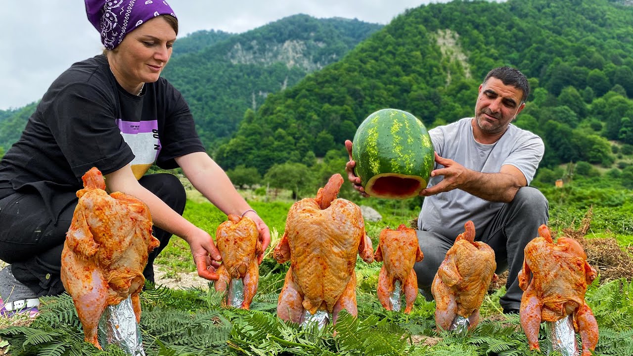 Whole Chicken Cooked Under a Watermelon Bucket
