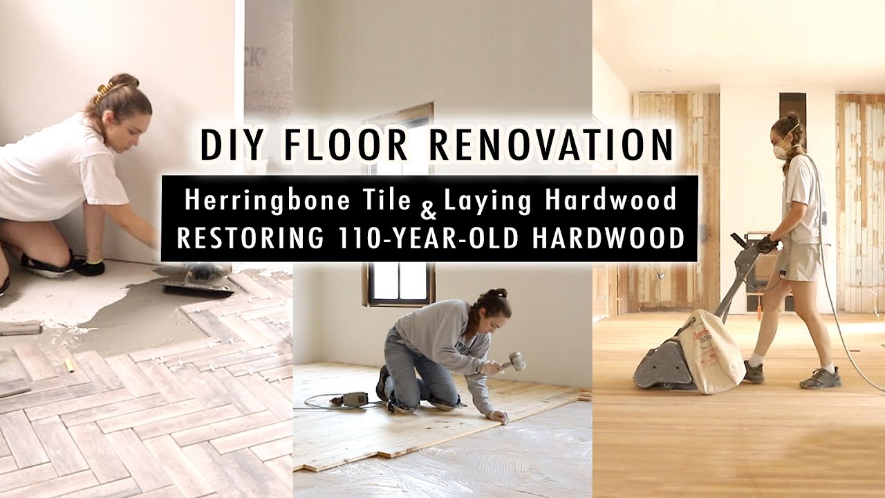 Floor renovation with hardwood restoration and herringbone tile