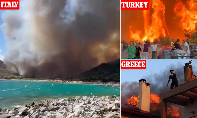 Europe burns: Tourists flee inferno bearing down on Italian beach and ...