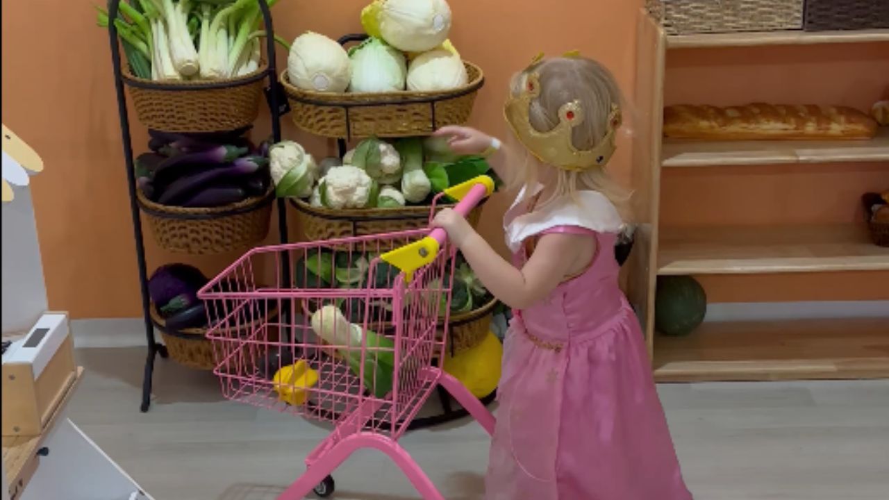 Mini princess strolls through store with mini shopping cart *Wholesome!*