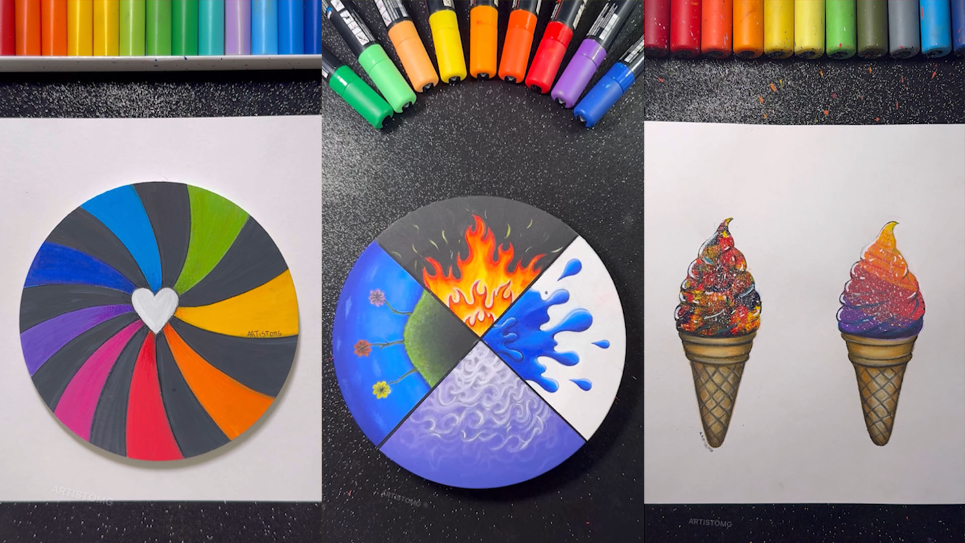 Color wheel experiments, element themes, and vibrant dessert illustrations