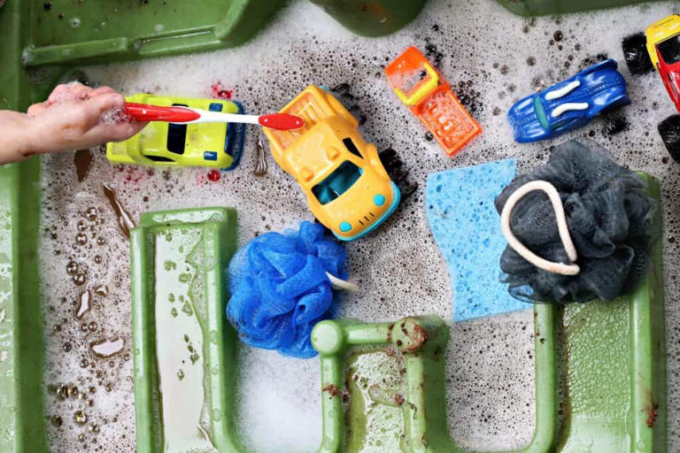Fun Muddy Truck and Car Wash Sensory Bin for Toddlers