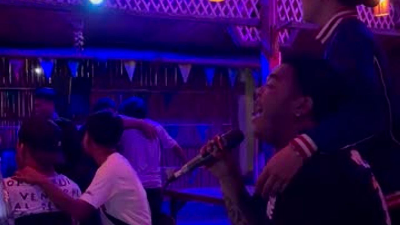 When karaoke is life! Drinker calmly carries on singing as fight erupts at bar