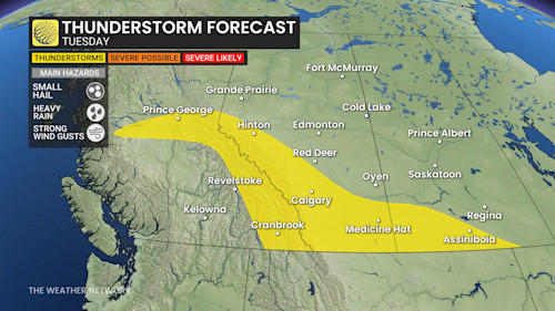 Diminished thunderstorm risk pops up in Alberta again on Tuesday