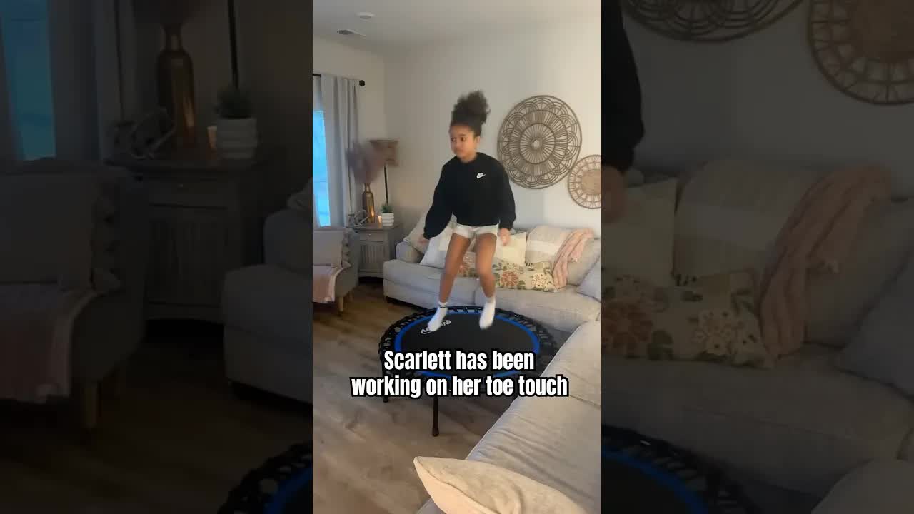 scarlett and tiania: scarlett's improving toe touch skills on trampoline!