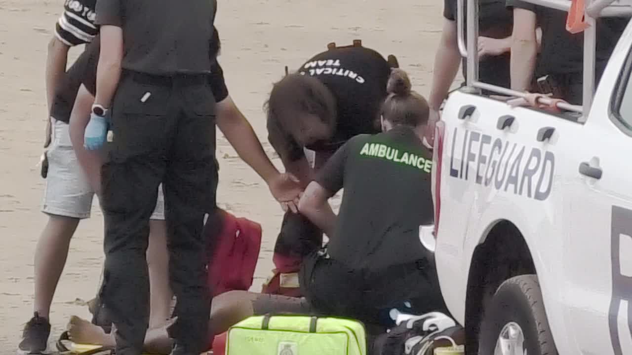 Cornwall Air Ambulance lands on a busy beach, Multi agency, casualty ...