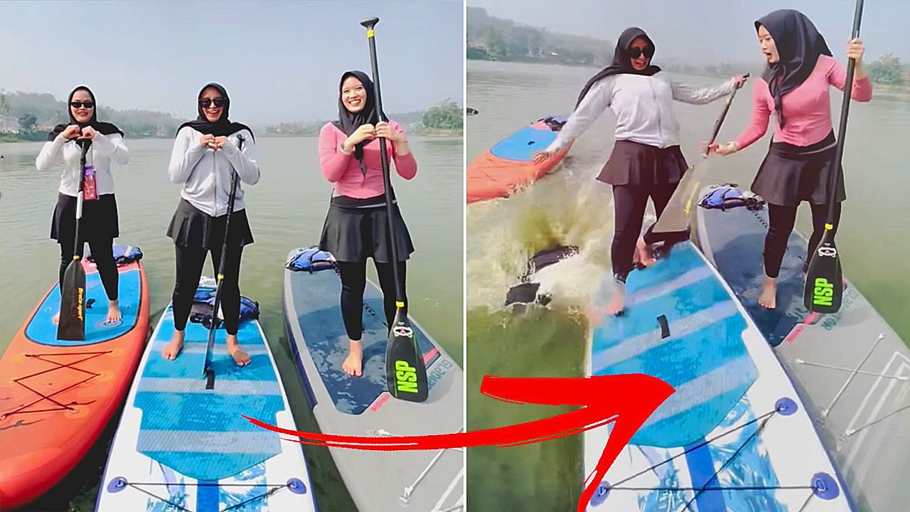 Domino effect: Dance routine has hilarious end for paddleboarding friends