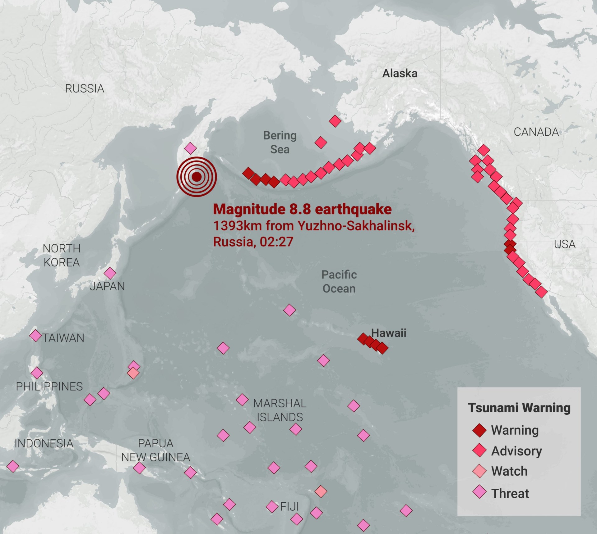 Map shows where tsunami warnings are in place
