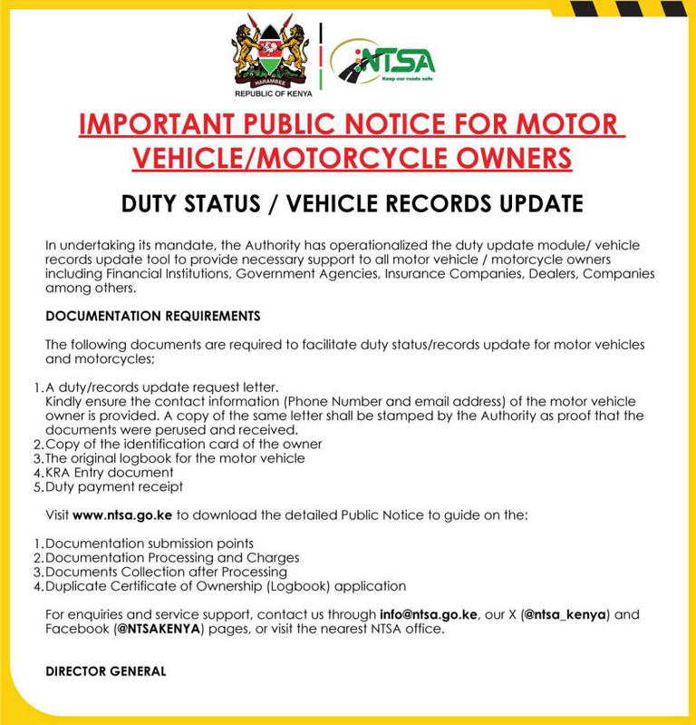 NTSA asks motorcycle, motor vehicle owners to update duty records ...