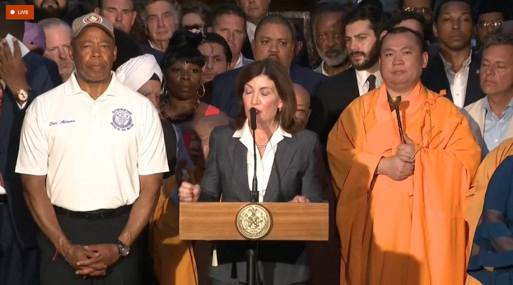 Eric Adams, Kathy Hochul join faith leaders at Bryant Park vigil day ...