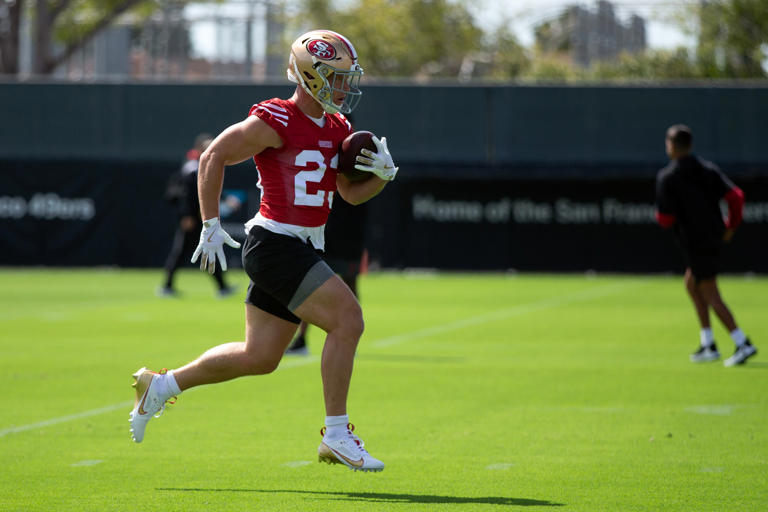 Christian McCaffrey in uniform for 49ers' final Week 1 practice