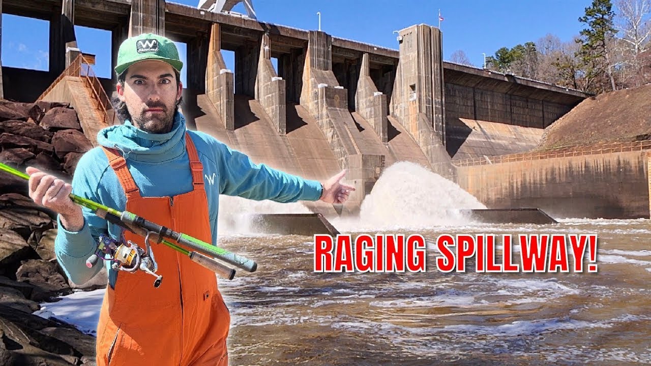 Fishing raging spillways for powerful spring fish on e-bike adventure