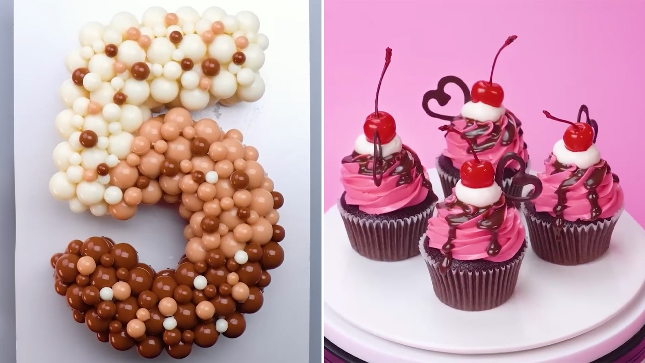 Number cake with chocolate spheres and cherry cupcakes with pink frosting