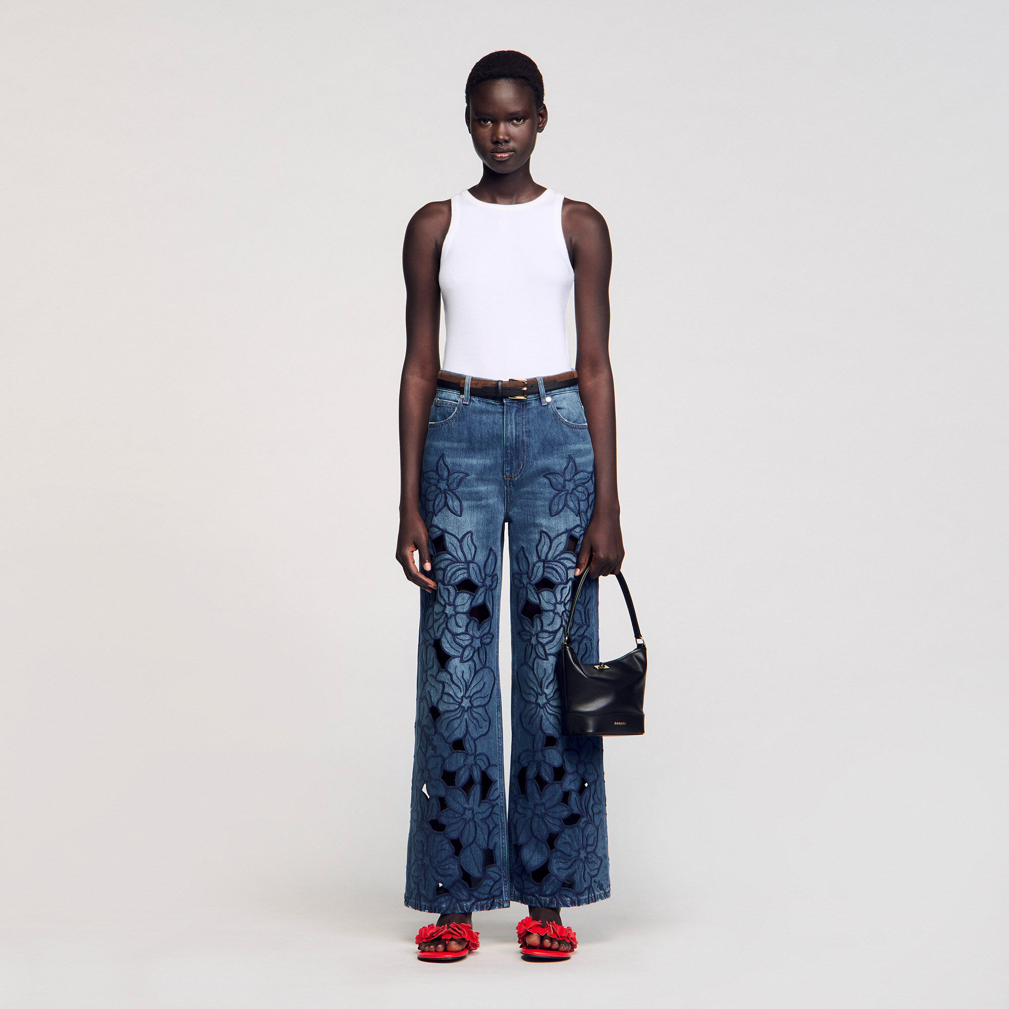 Katie Holmes Ditches Plain Wide-Leg Jeans for an All-Over-Embroidered Pair