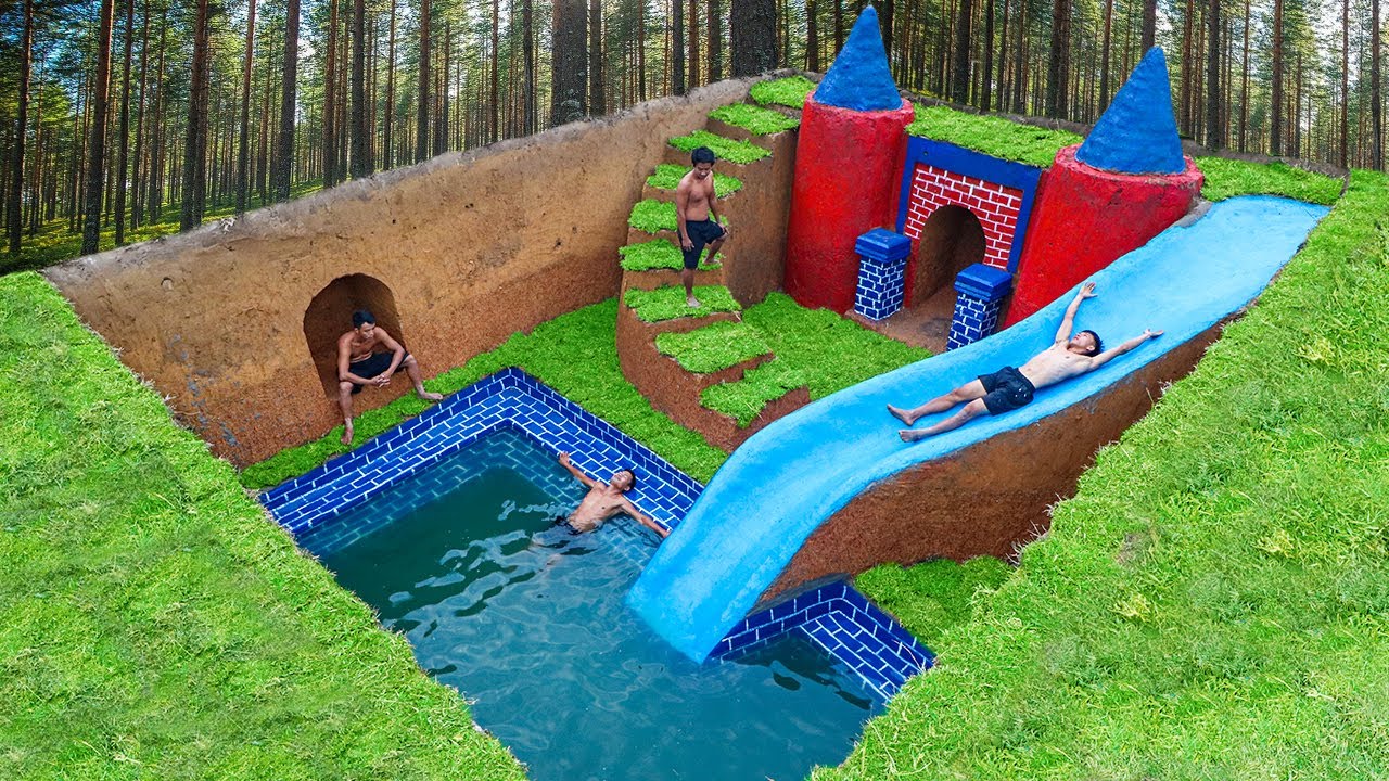 Building Water Slide Park Into Underground Swimming Pool and ...