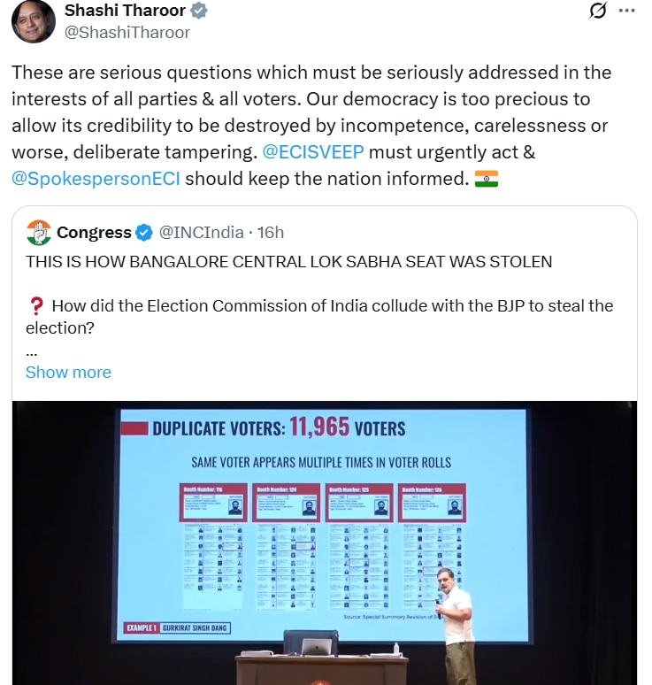 Serious questions: Shashi Tharoor backs Rahul Gandhi's vote 'chori' claims
