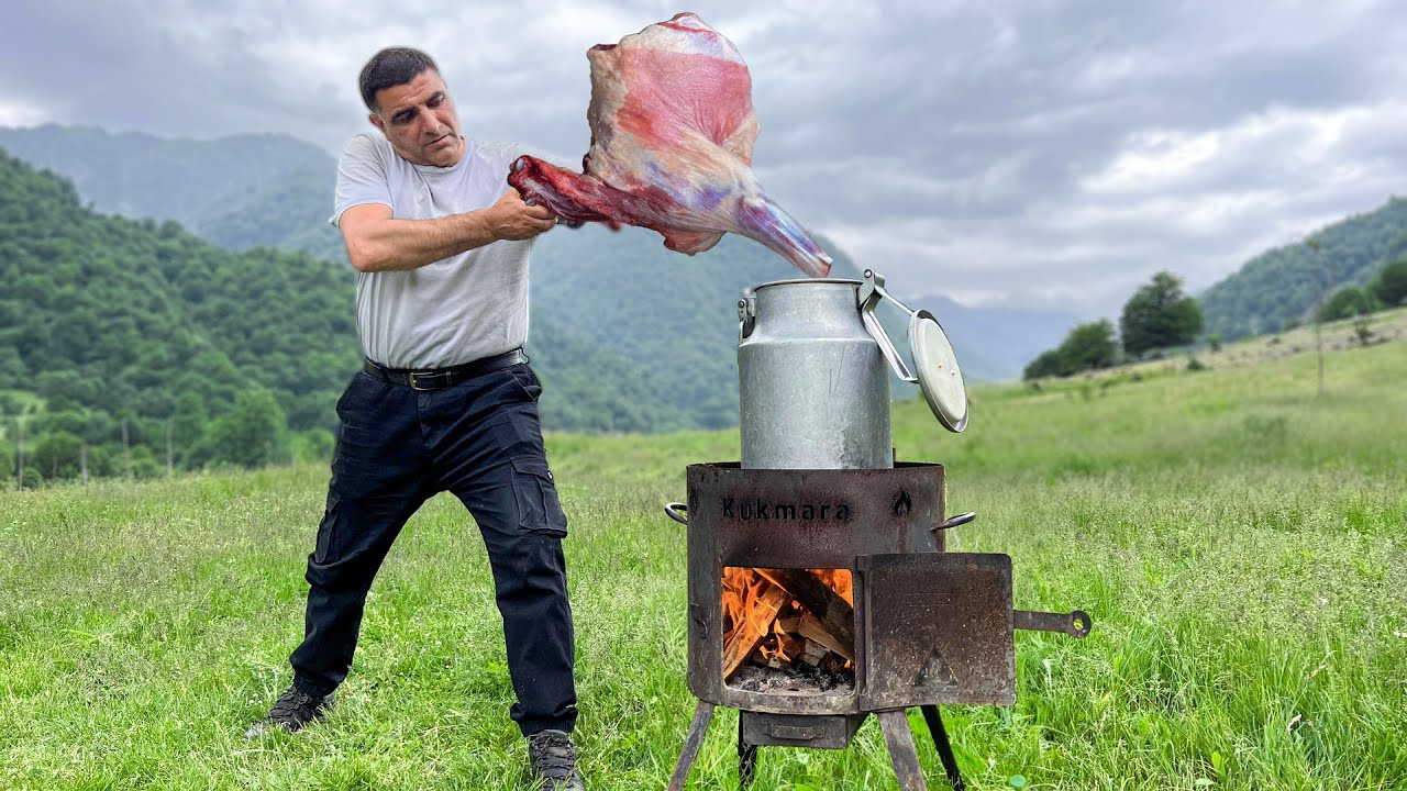 Juicy lamb cooked in a milk can