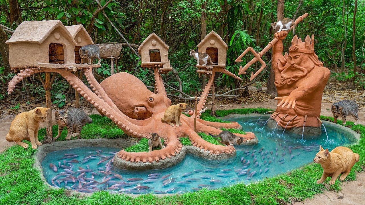 Building an Amazing Octopus-Themed Cat House & Poseidon Aquarium Fish Pond