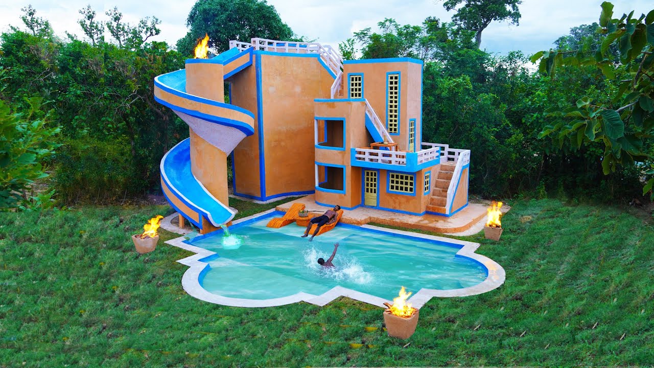 Build creative roundabout water slide park, swimming pool & resort house