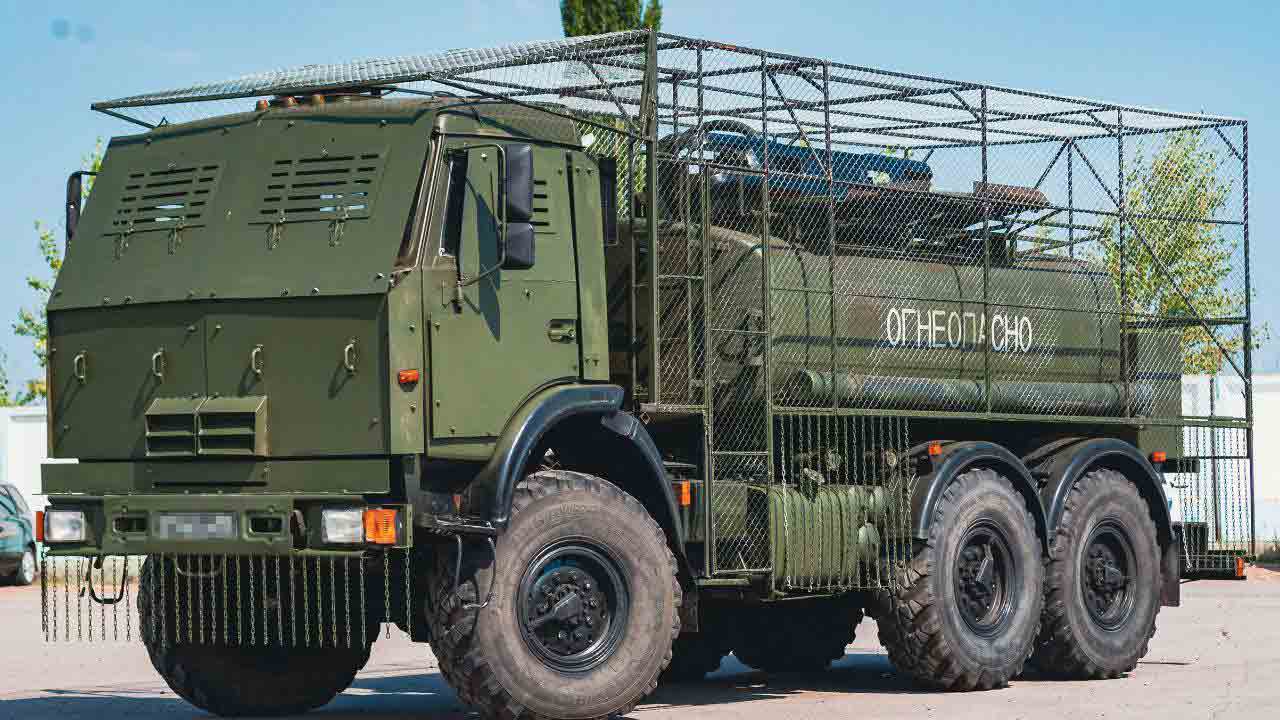 Russia equips military trucks with anti-drone armor in “Mad Max” style