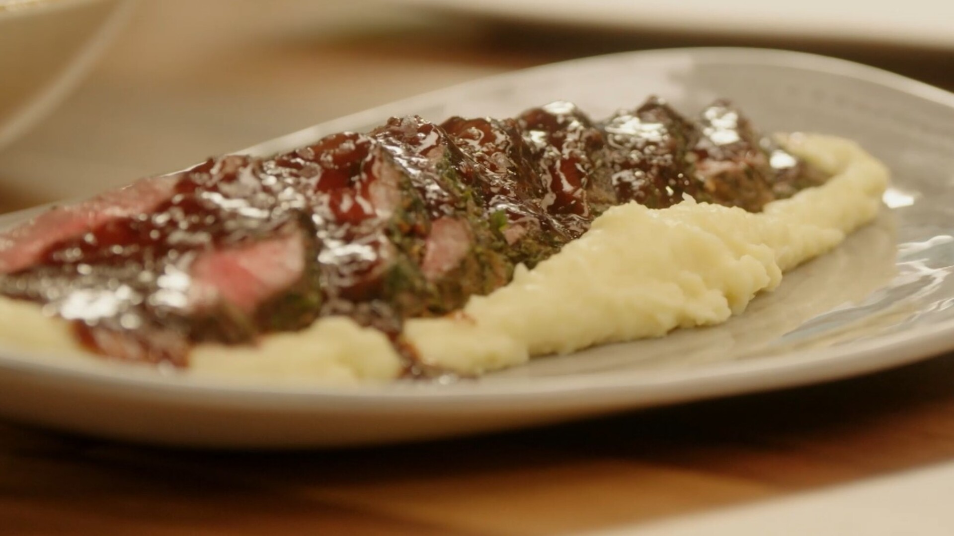 Perfect medium-rare beef with herbaceous beurre rouge