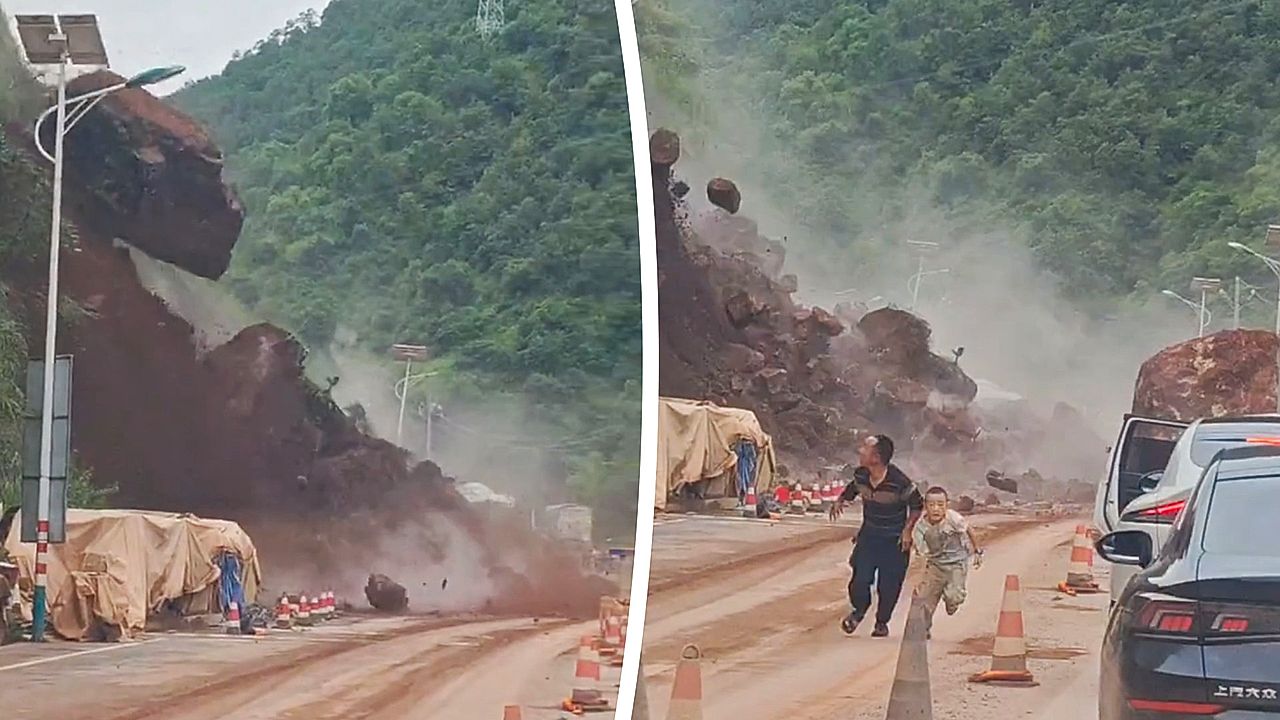 Massive rockfall sends motorists running for safety on mountain road in ...