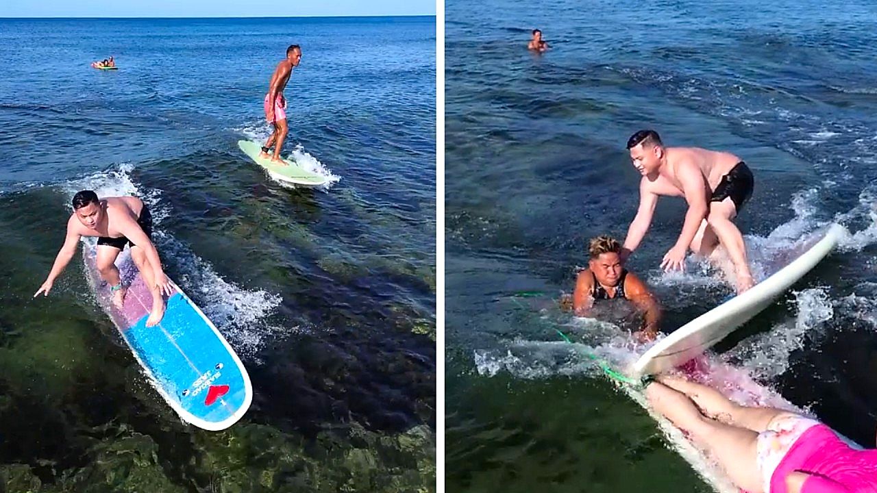 Instructor teaches beginner how to surf – but it completely backfires