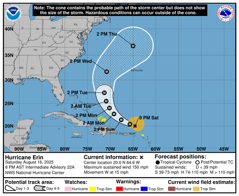 Hurricane Erin loses intensity, drops to Category 4 for now